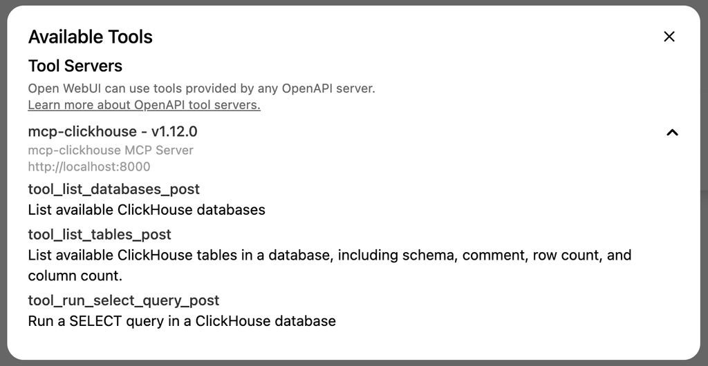 Set Up ClickHouse MCP Server with Open WebUI and ClickHouse Cloud | ClickHouse Docs