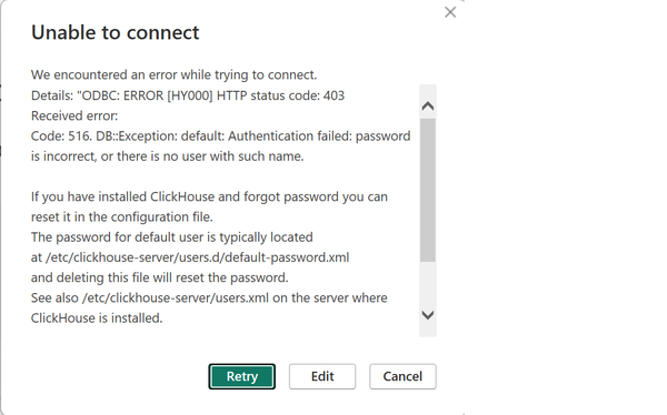 Odbc Authentication Failed Error When Using The Power Bi Clickhouse Connector Clickhouse Docs