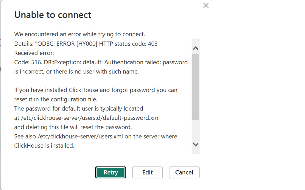 ODBC authentication failed error when using the Power BI ClickHouse ...